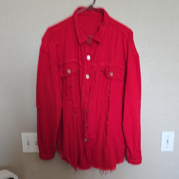 Jackets & Coats | Red Distressed Denim Jacket | Poshmark